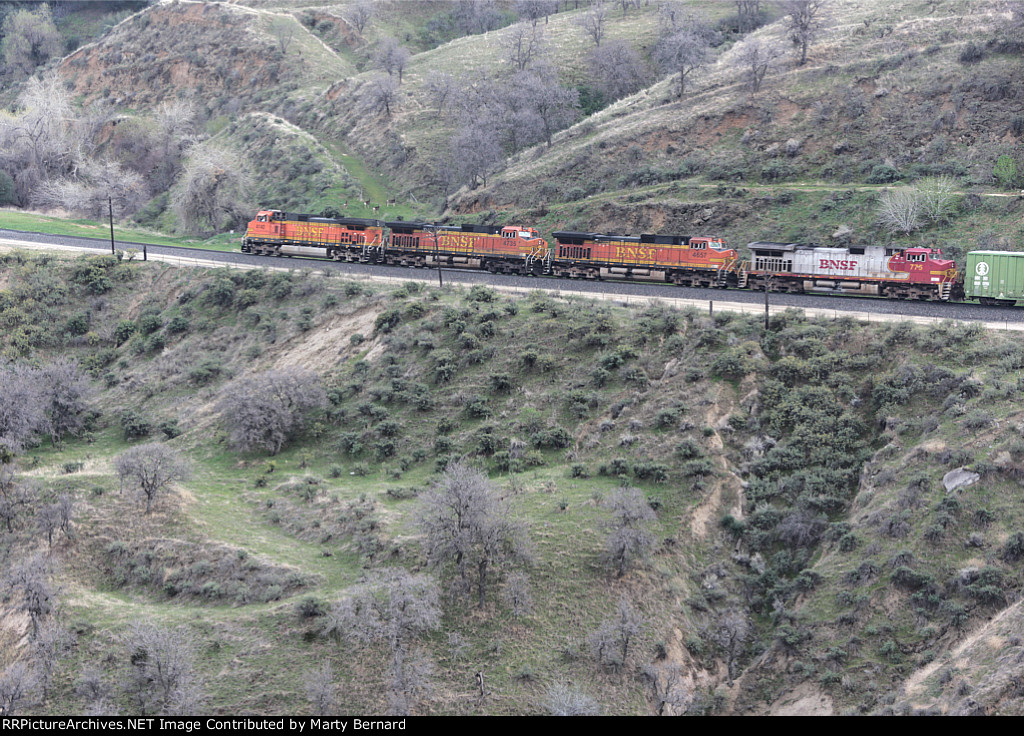 BNSF 4140, 4735, 4657, and 775 Between Tunnels 3 and 5 While Climbing to Tehachapi Loop and Then ...